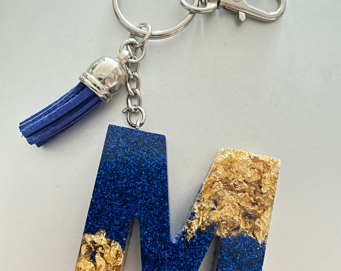 Navy Blue and Gold Flake Initial Keychain Initial Keychain Glitter ...