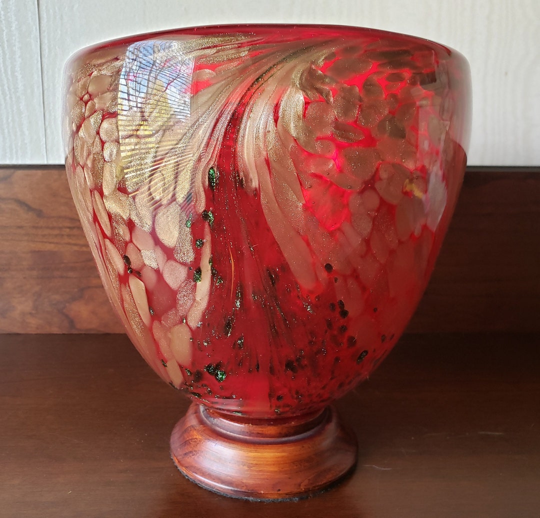 Murano Ruby Red Bowl Inlayed With Copper Aventurine and Green Speckles ...