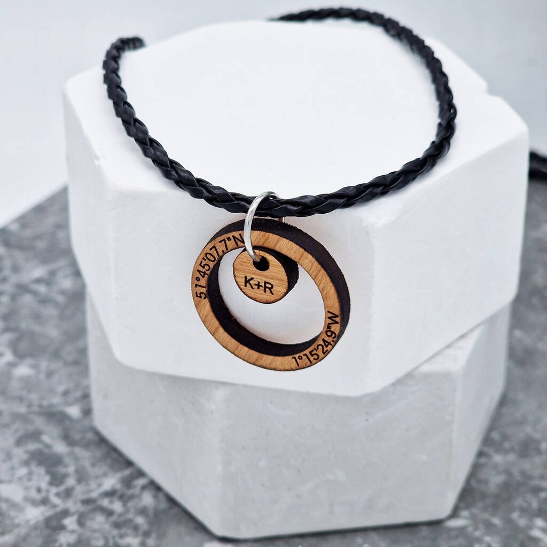 Personalised Men's Coordinate Necklace, Wooden Location Necklace ...