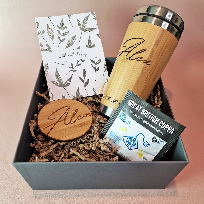 Personalised Wooden Travel Mug Tea Hamper, Tea Lover Gift, Gift Basket ...