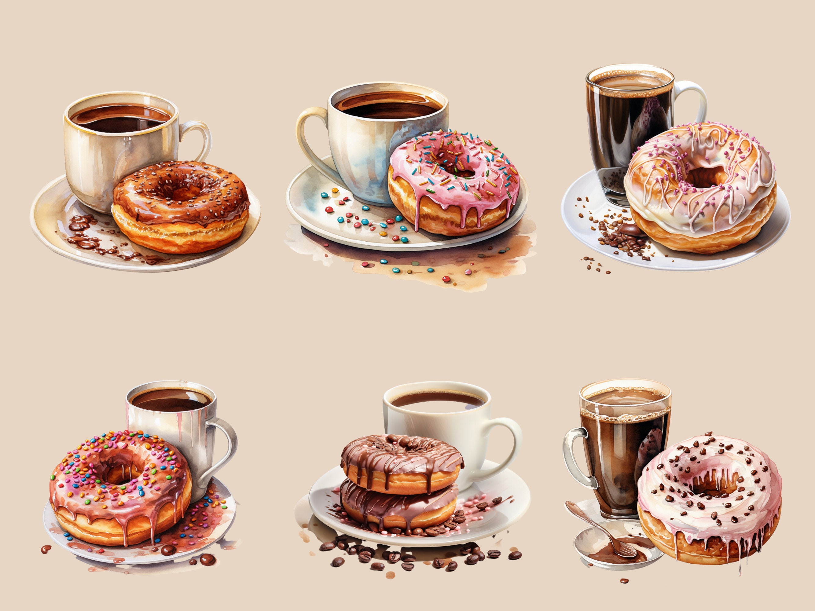 Watercolor Donuts and Coffee Clipart Set PNG & SVG Files for - Etsy
