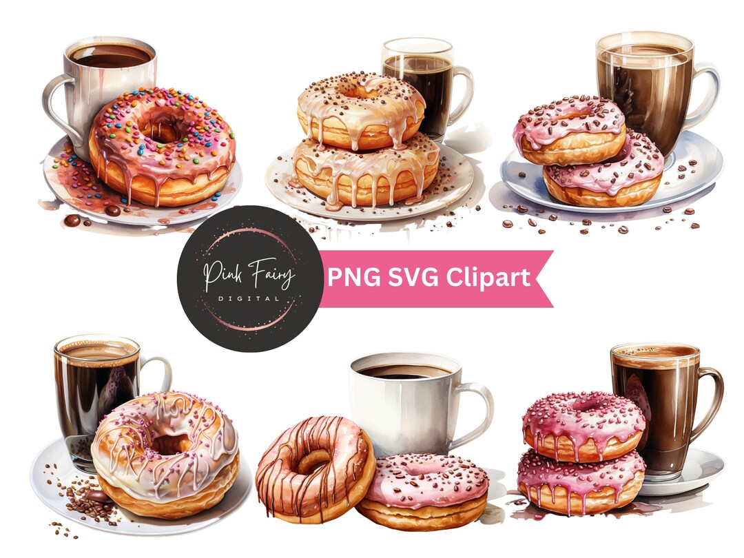 Watercolor Donuts and Coffee Clipart Set PNG & SVG Files for - Etsy