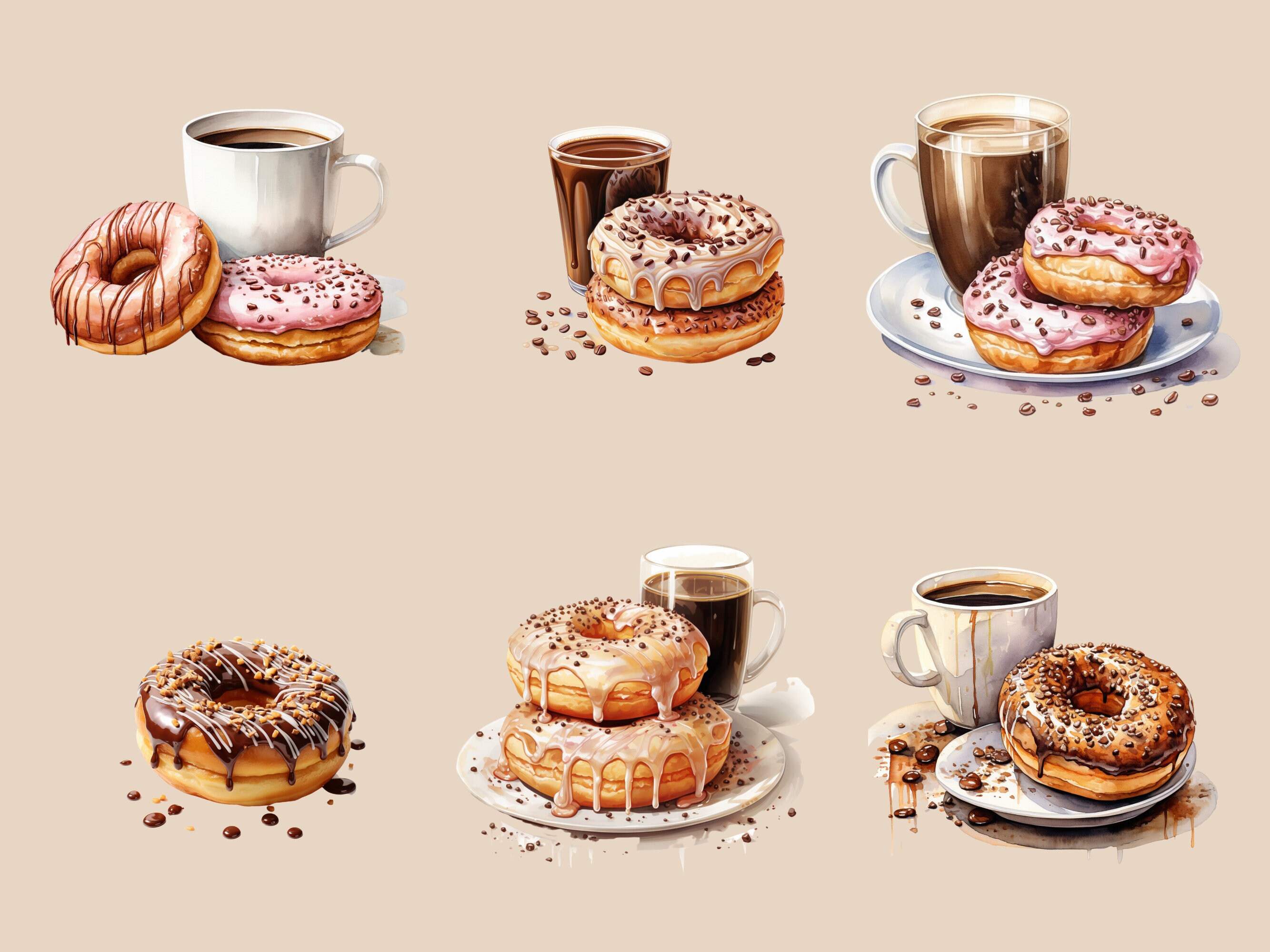 Watercolor Donuts and Coffee Clipart Set PNG & SVG Files for - Etsy