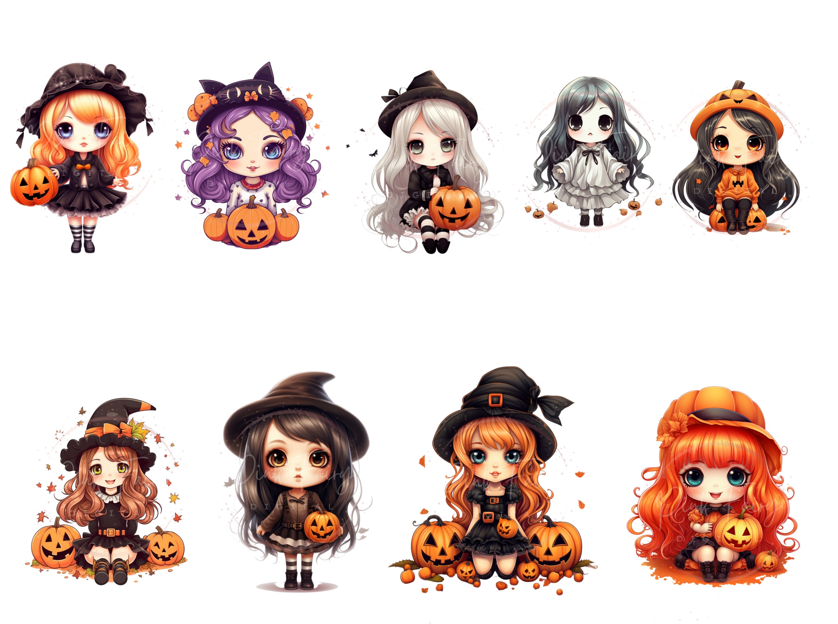 Chibi Halloween Cute Girls Clipart PNG SVG Files for Crafts Sublimation ...