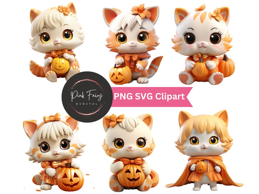 Halloween Chibi Cat Clipart Set of 6 Spooky and Cute Cat Graphics for ...