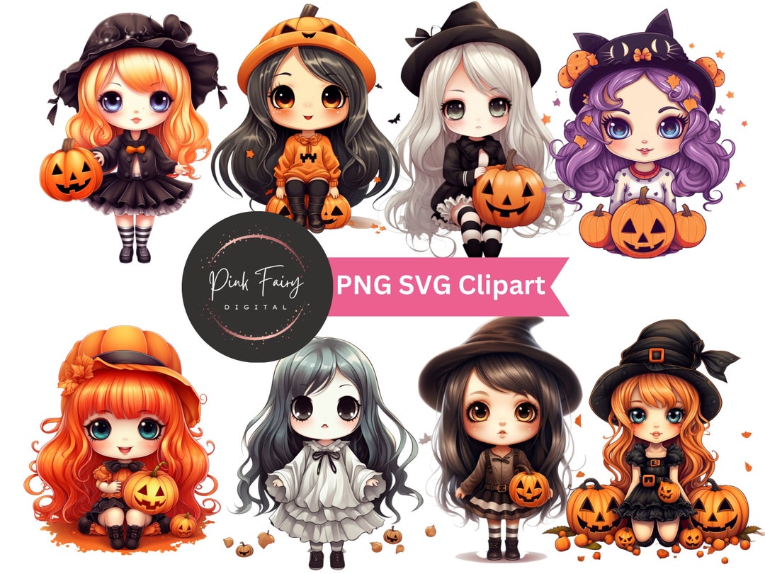 Chibi Halloween Cute Girls Clipart PNG SVG Files for Crafts Sublimation ...