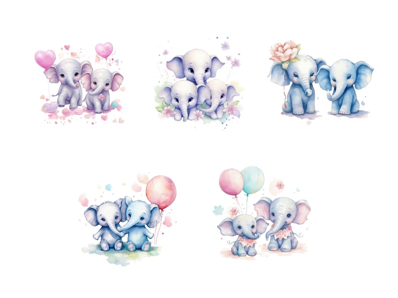 Watercolor Baby Elephants Clipart Set Nursery Wall Art, Birthday Art ...
