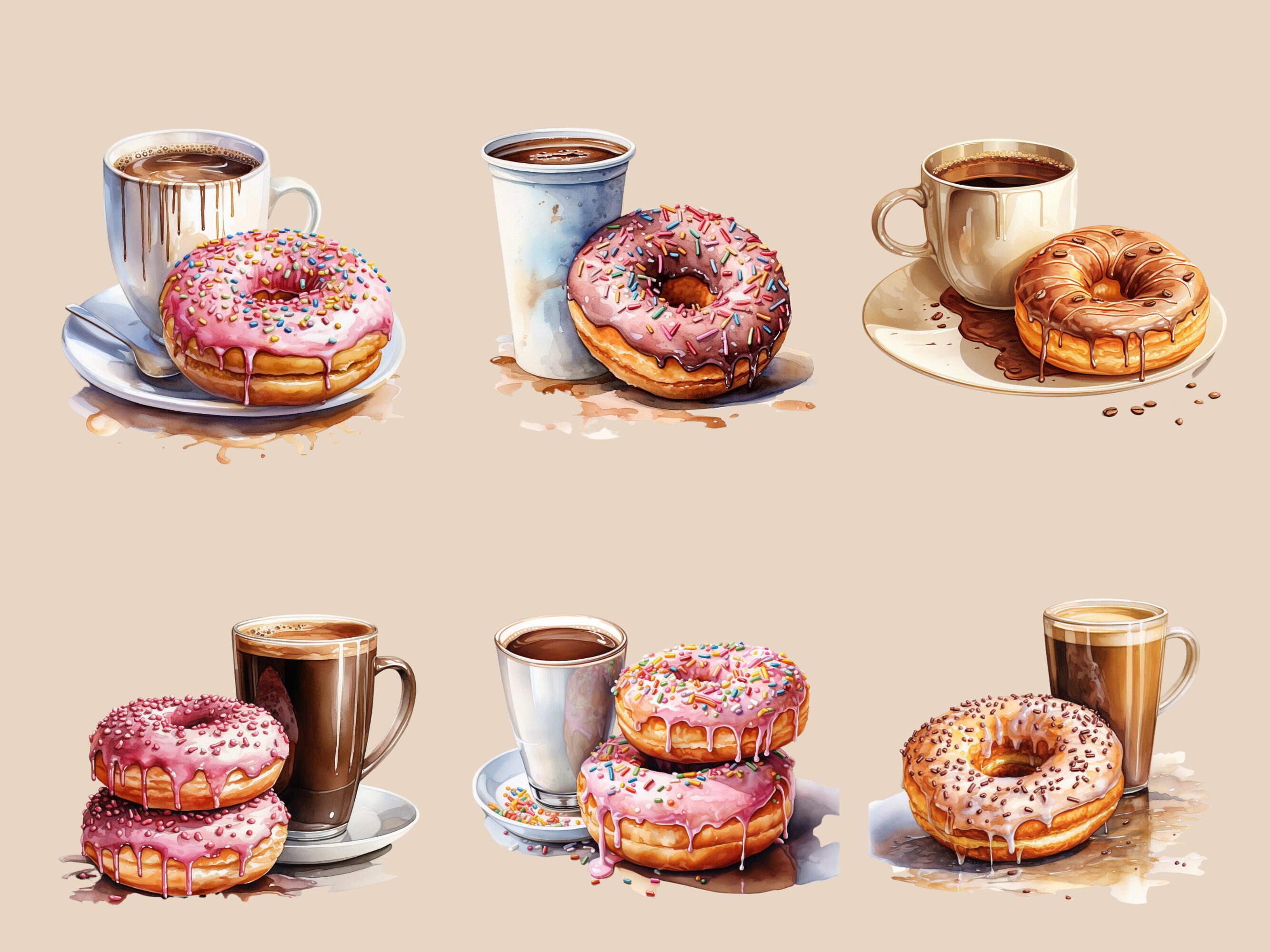 Watercolor Donuts and Coffee Clipart Set PNG & SVG Files for - Etsy