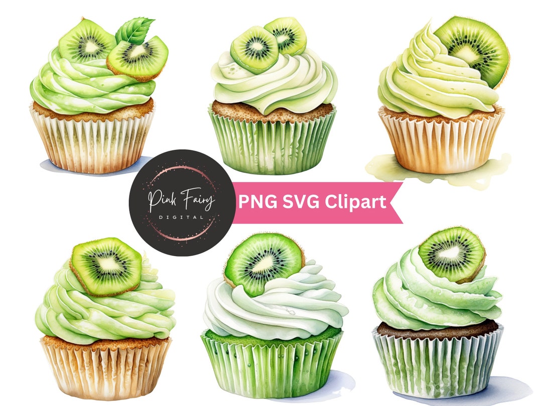 Watercolor Clipart Kiwi Cupcakes PNG SVG Files for - Etsy