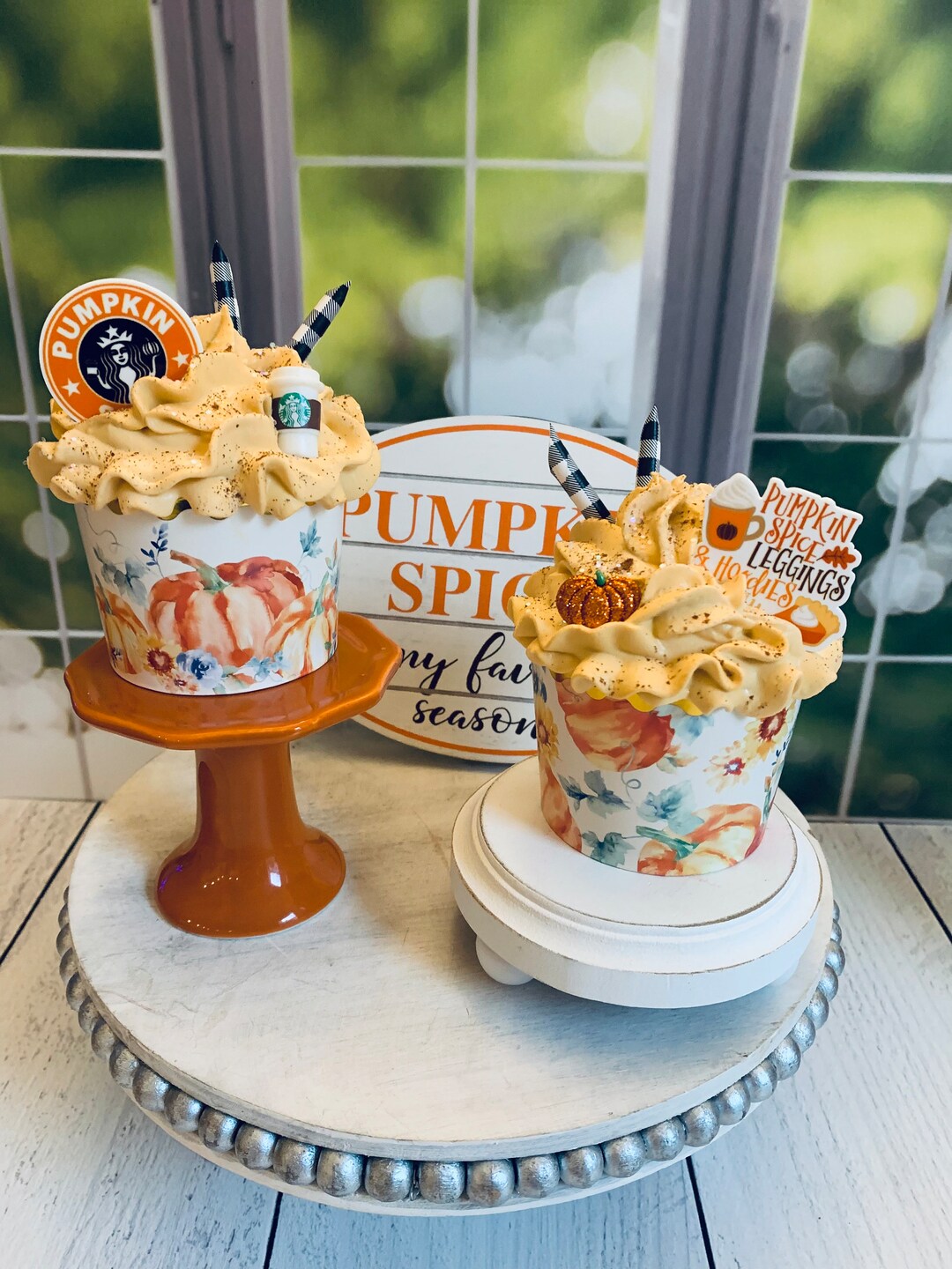 Pumpkin Spice Faux Cupcakes- Fall Decor- Coffee Bar- Tiered Tray Decor ...