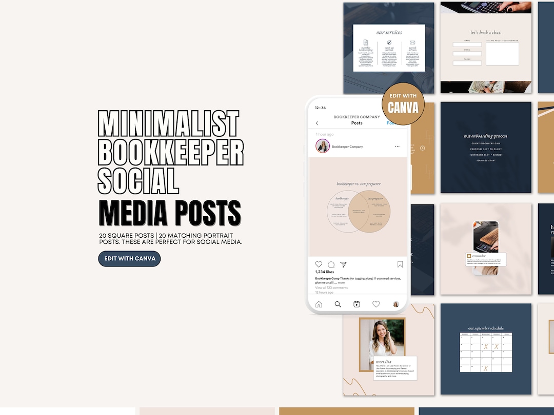 Minimalist Bookkeeping Social Media Bundle | Bookkeeper Canva Template | Finance Social Media ...