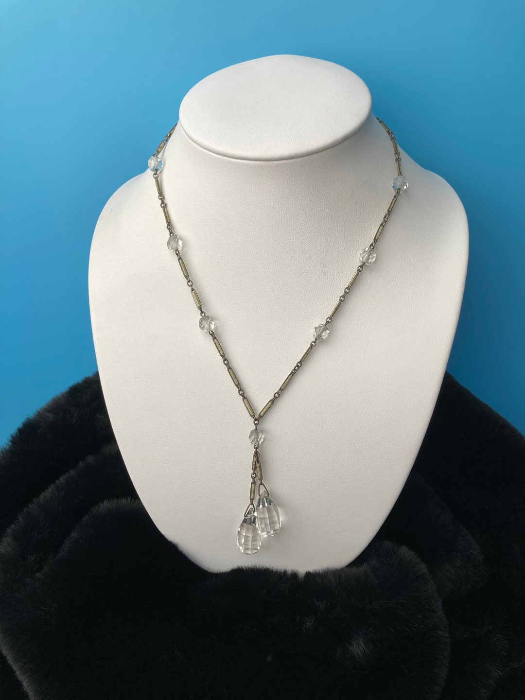 Art Deco Glass Necklace Vintage Glass Necklace Art Deco Dangle Necklace Vintage Clear Glass