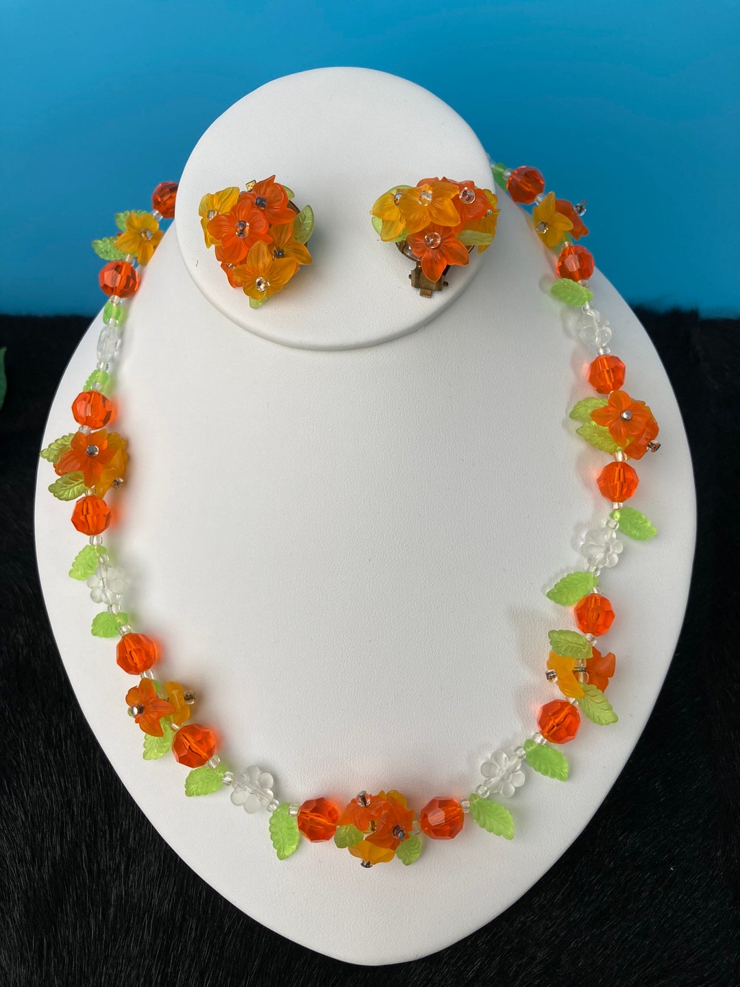 West Germany Necklace, Vintage Fruit Salad Jewelry, Flower West Germany Jewelry Set, Orange ...
