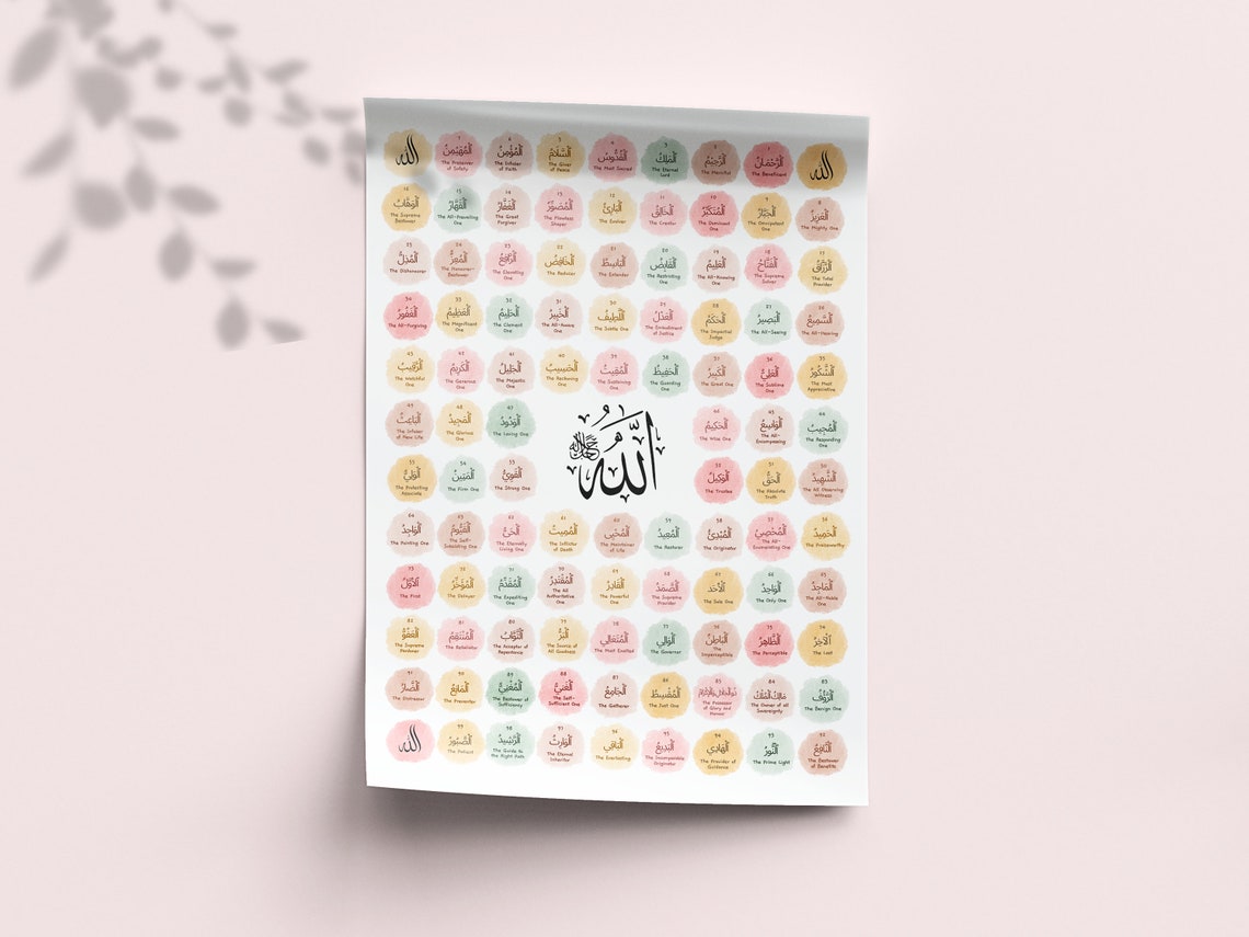 Al Asmaul Husna 99 Names of Allah English Meaning, Islamic Poster Allah ...