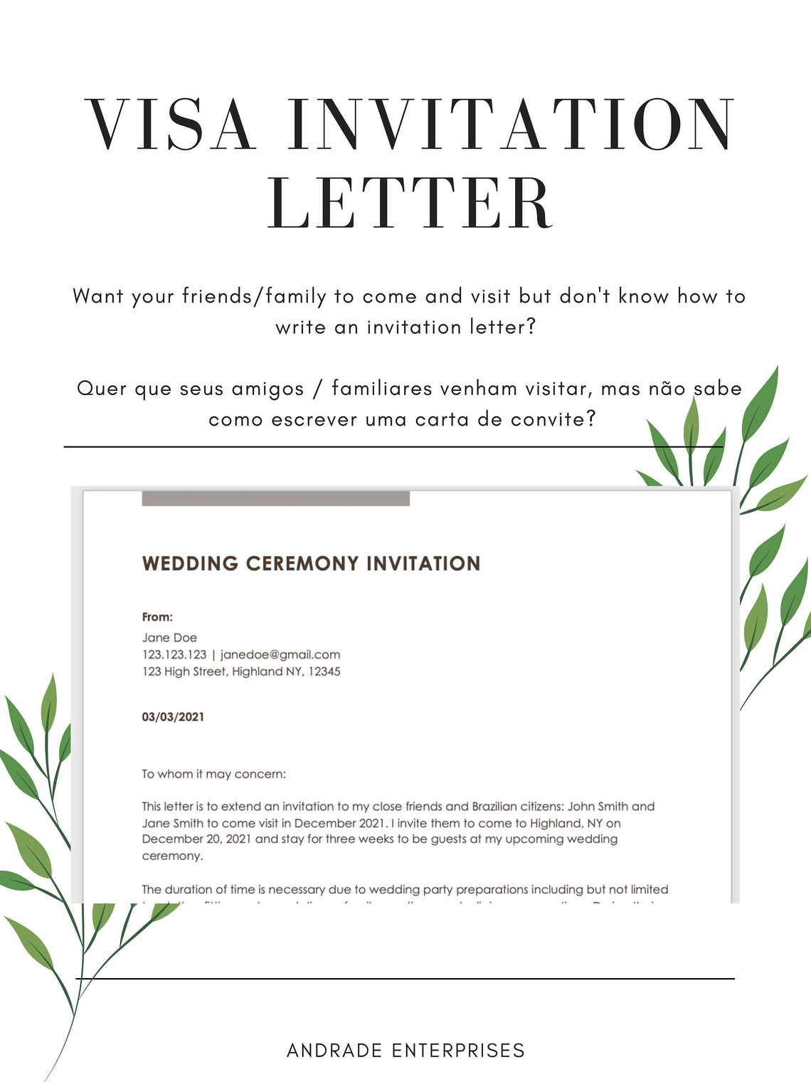 VISA INVITATION LETTER / Visto Carta De Convite. English and - Etsy