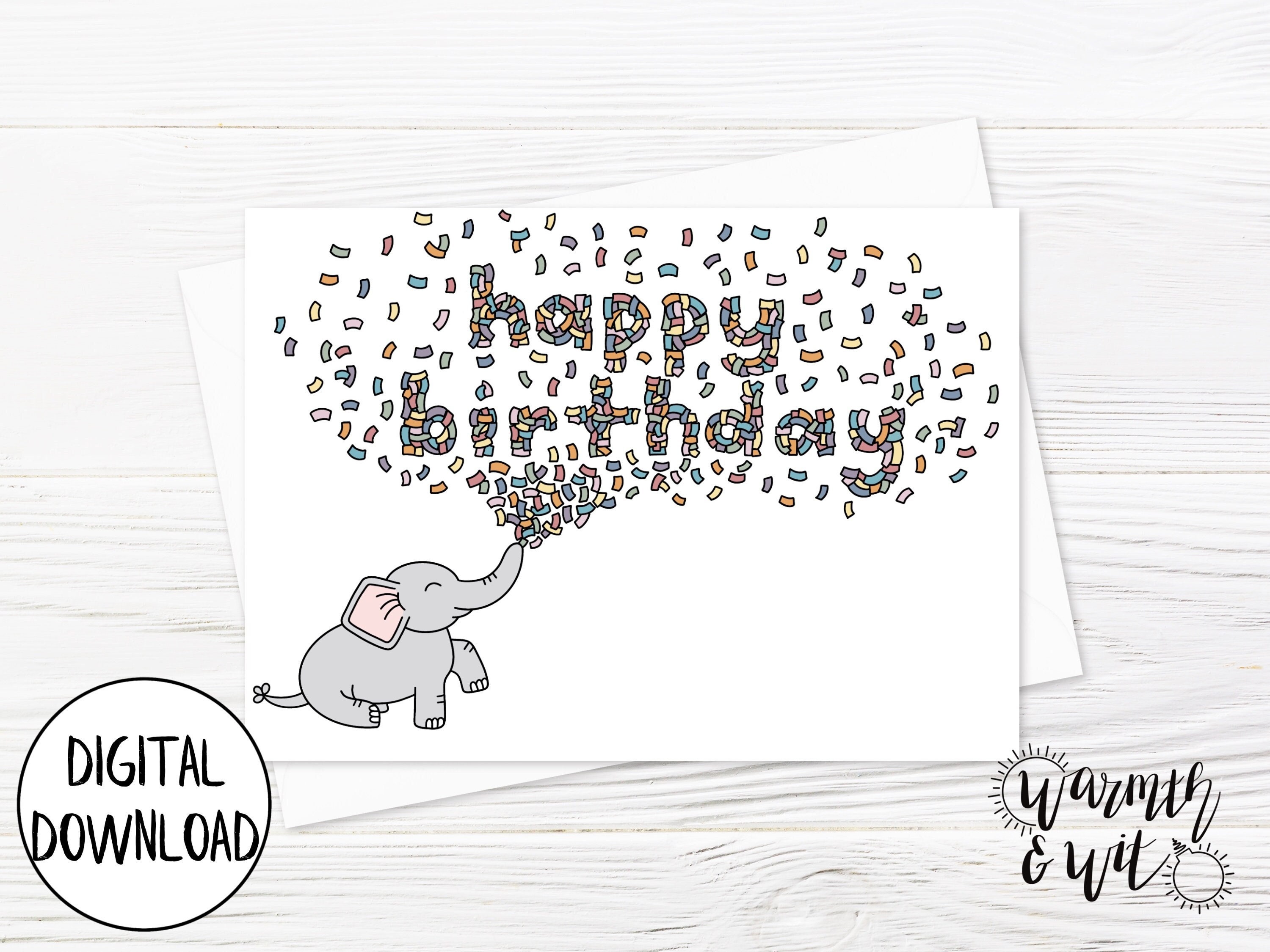 Printable Birthday Card for Kid, First Birthday Card, Elephant Birthday ...