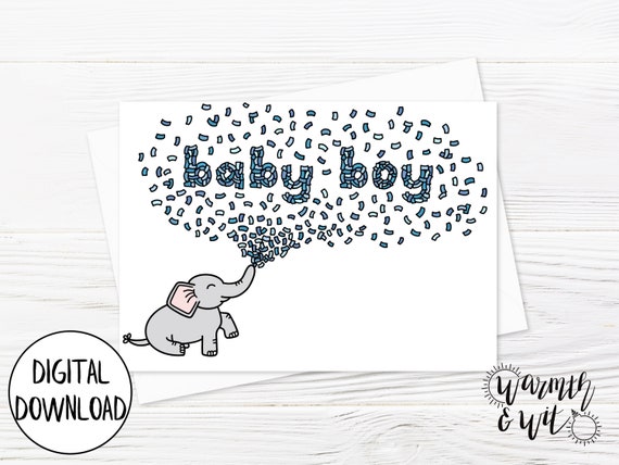 Printable Baby Boy Card Baby Boy Bow Illustration Greetings Card