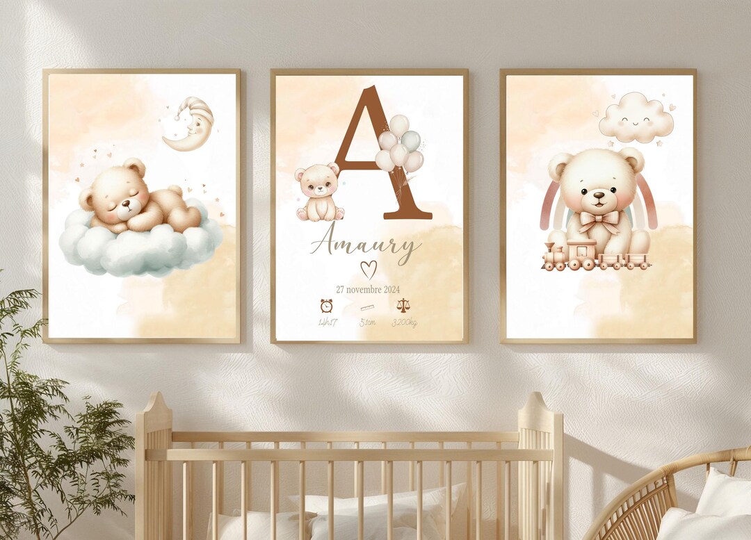 Set of 3 Personalized Baby Birth Announcement Posters – Teddy Bear ...