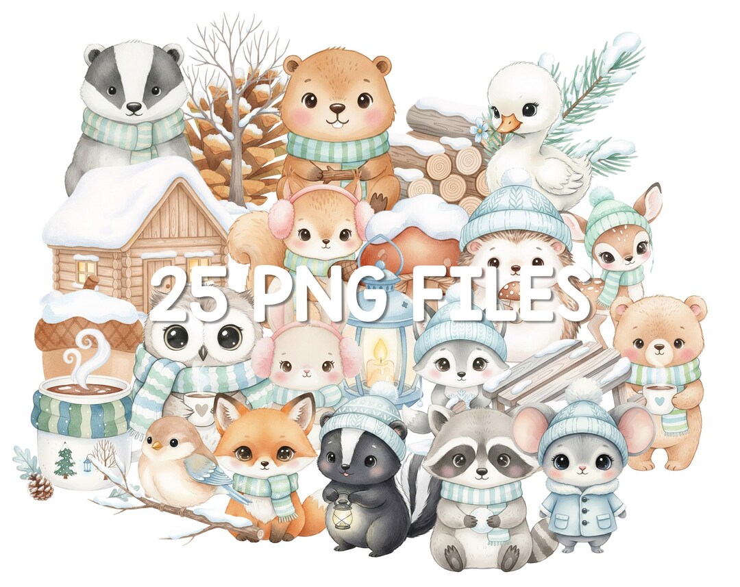 25 Winter Forest Animals Clipart ,PNG Cute Woodland Animals Watercolor ...