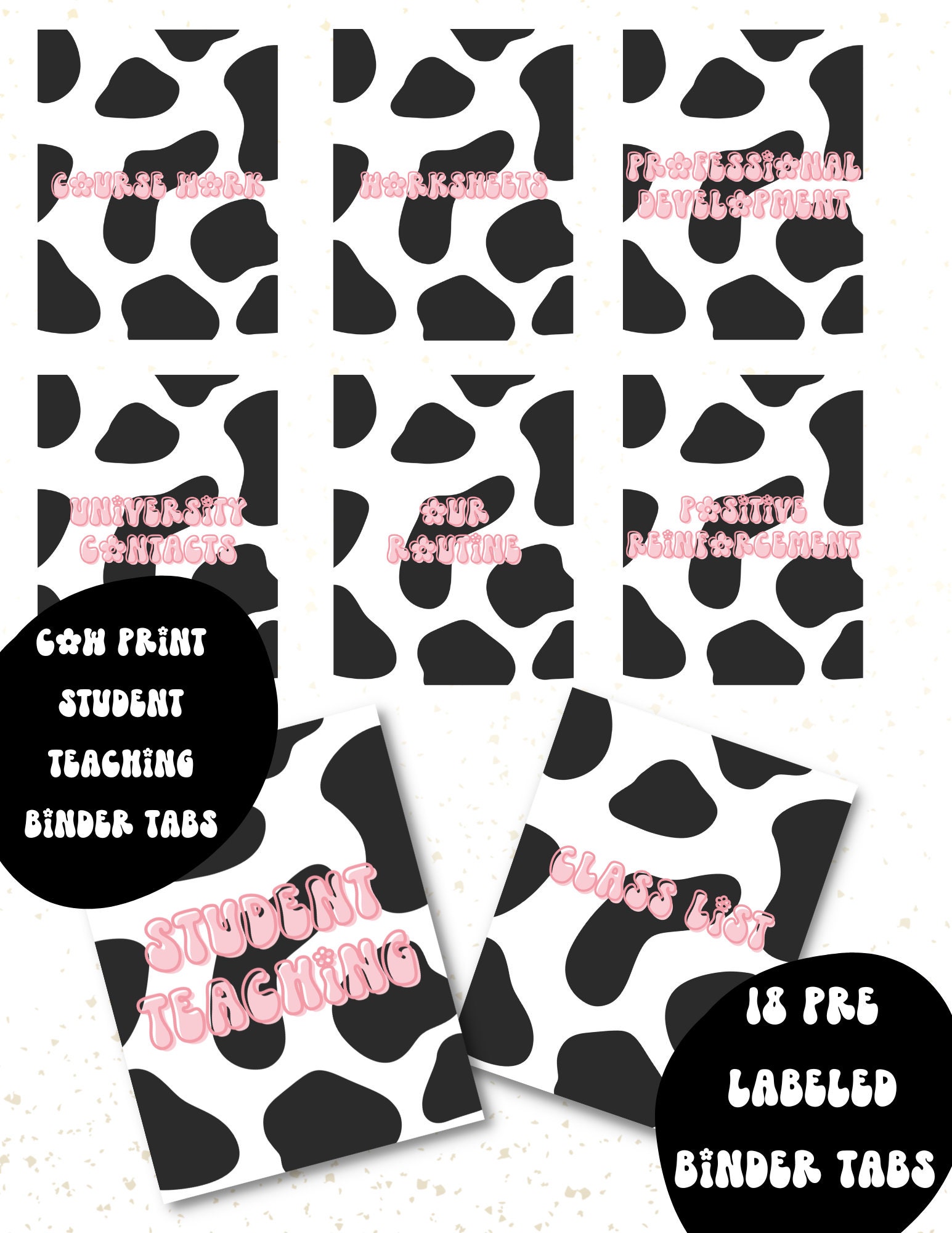 Cow Print and Pink Student Teacher Binder Tabs NOT EDITABLE, Printable ...