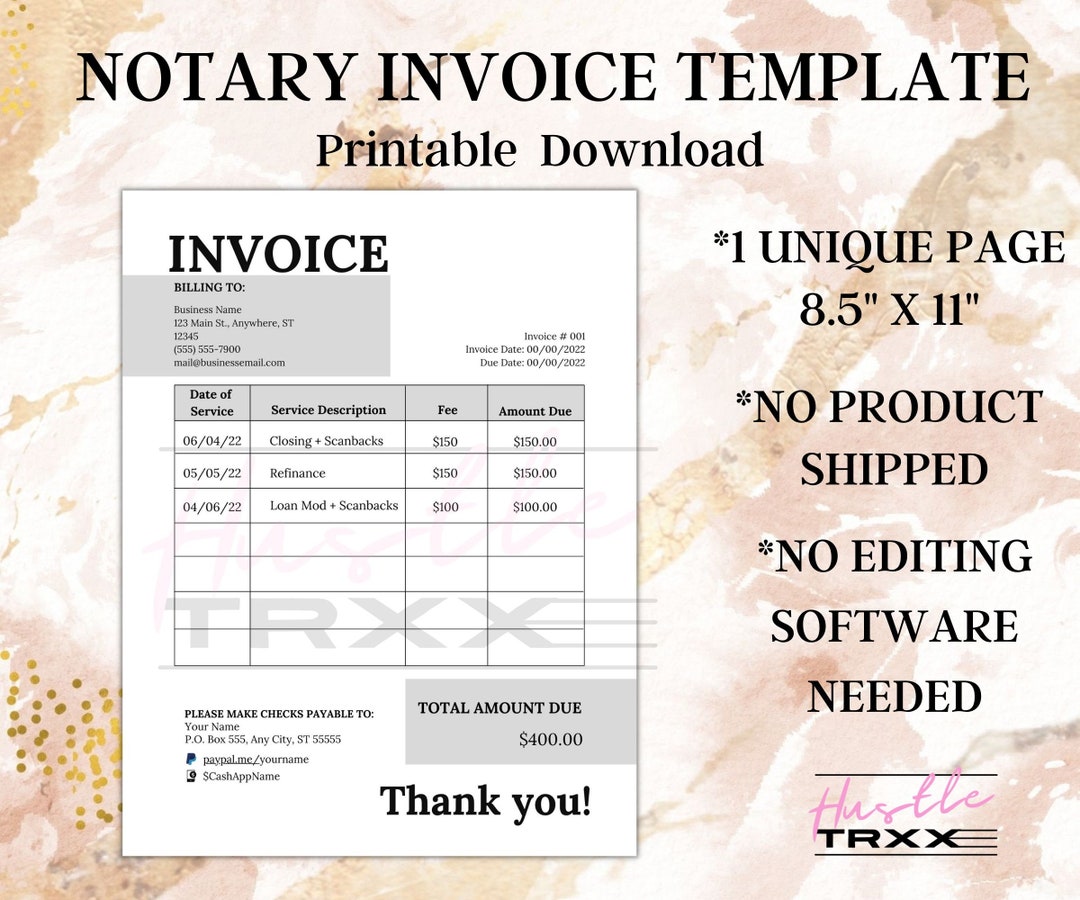 Notary Invoice Notary Public Signing Agent Notary Supplies - Etsy