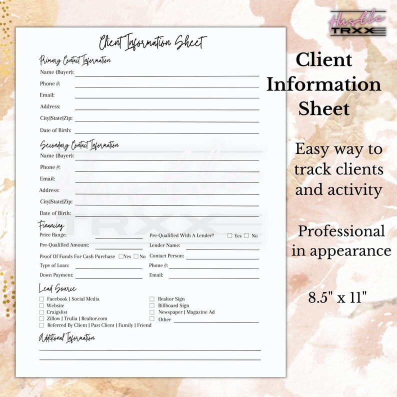 Enhanced Realtor Bundle Client Information Sheet Lead Intake Sheet ...
