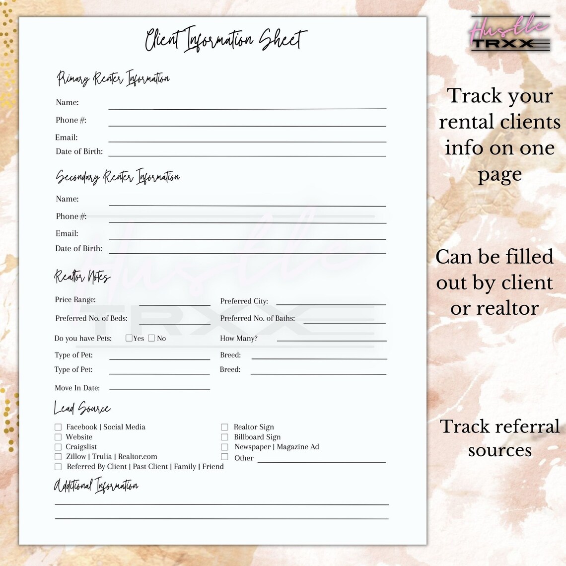 Rental Client Information Sheet: Real Estate Agent Printable (instant ...