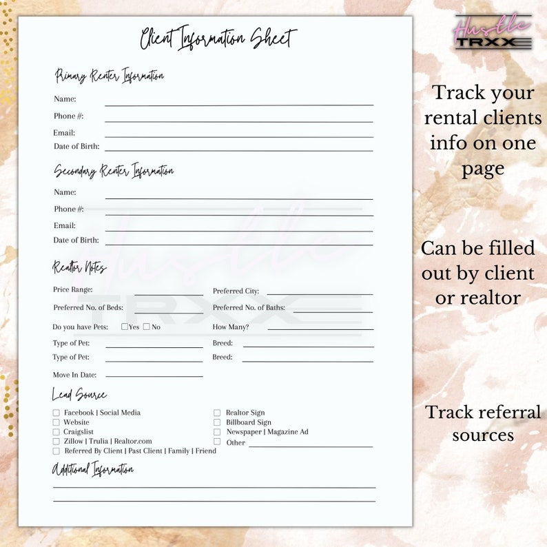 Rental Client Information Sheet: Real Estate Agent Printable (instant ...