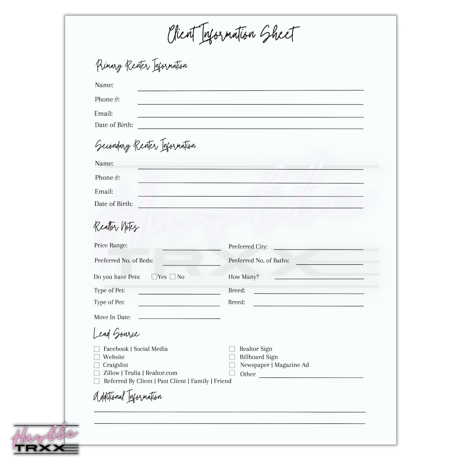 Rental Client Information Sheet: Real Estate Agent Printable (instant ...