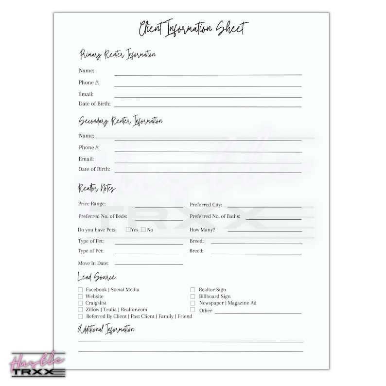 Rental Client Info Sheet | Tenant Intake Form | Realtor Rental Form ...