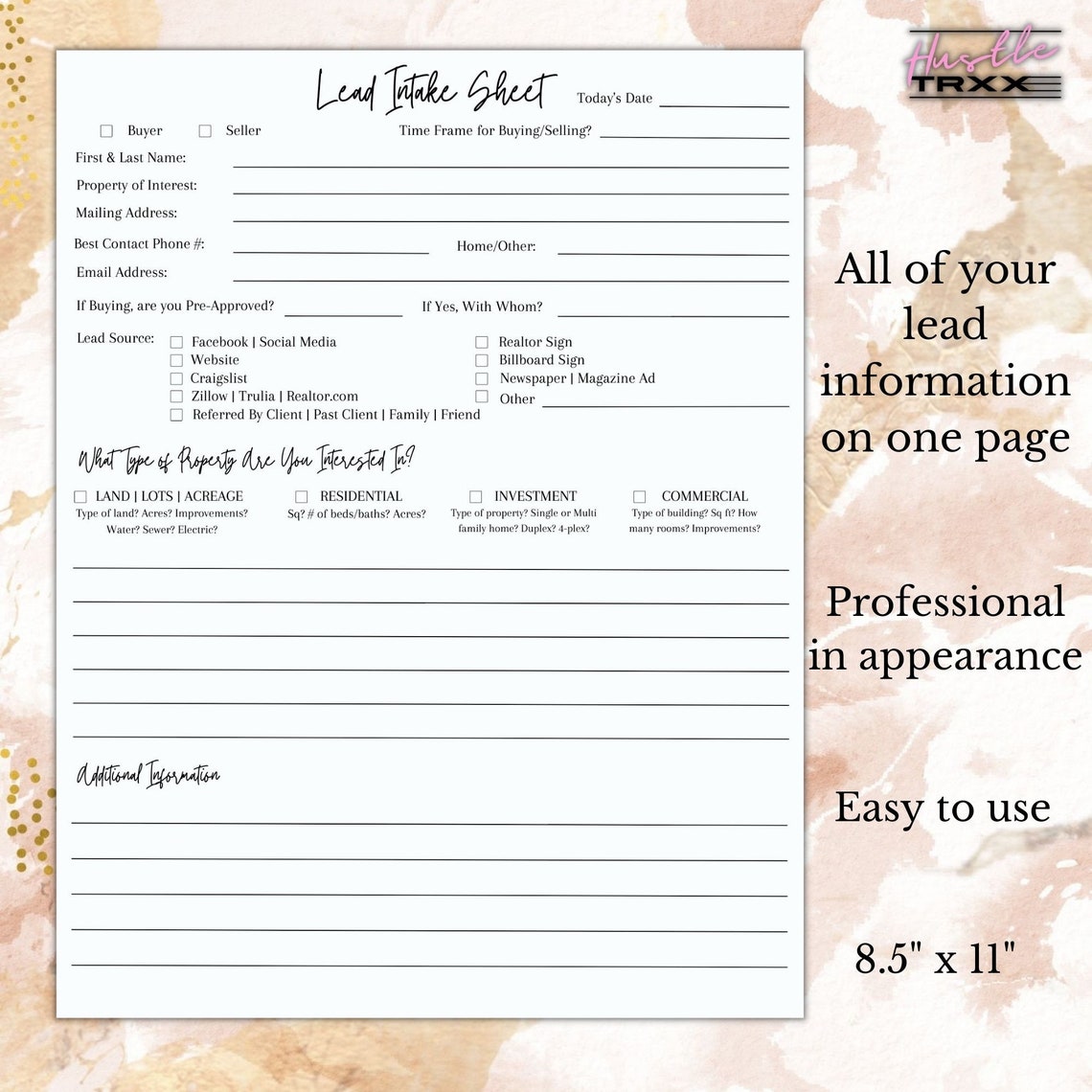 Lead Intake Sheet Lead Tracking Forms Real Estate Real - Etsy