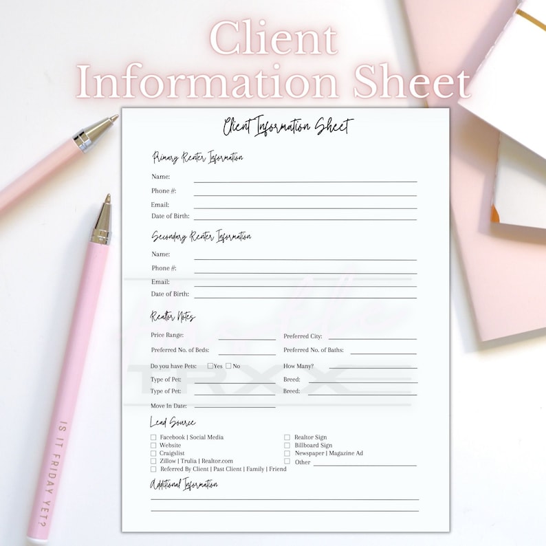 Rental Client Information Sheet: Real Estate Agent Printable (instant ...