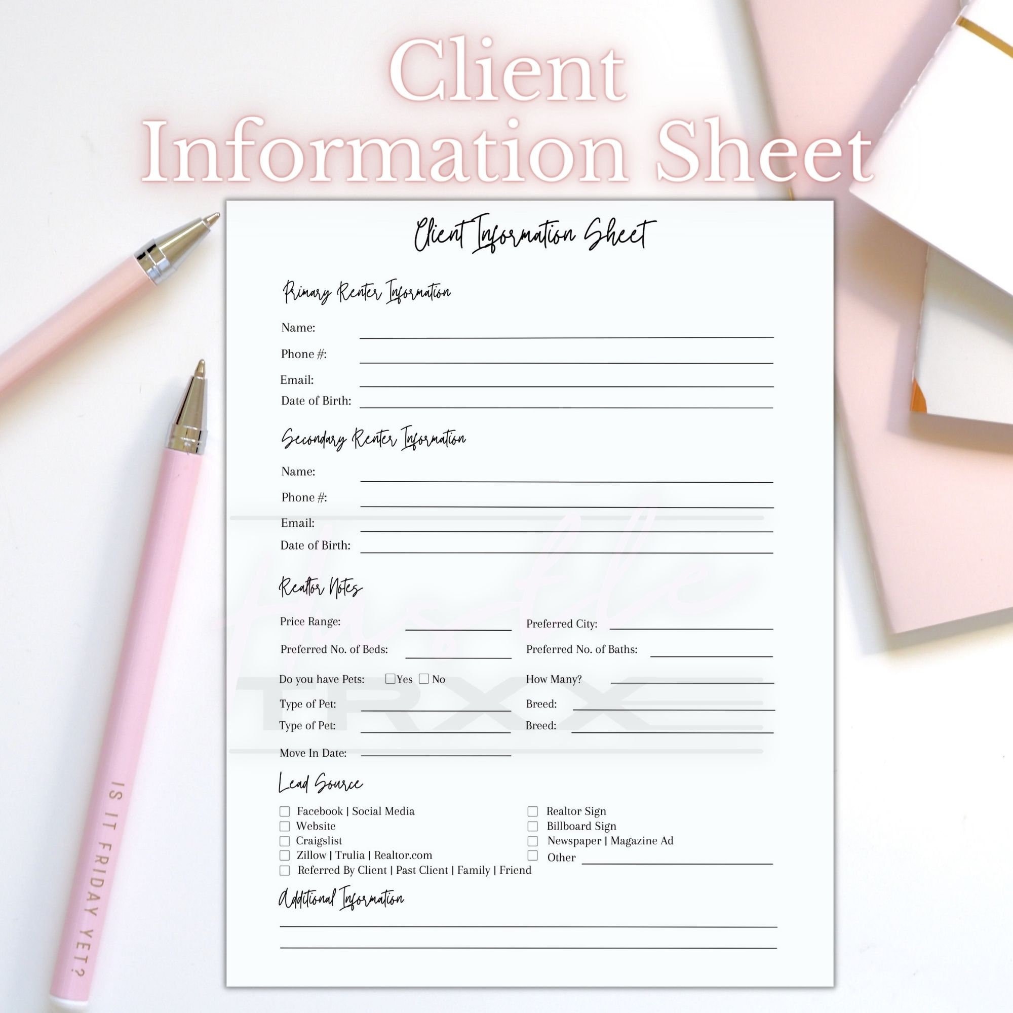 Rental Client Information Sheet: Real Estate Agent Printable (instant ...