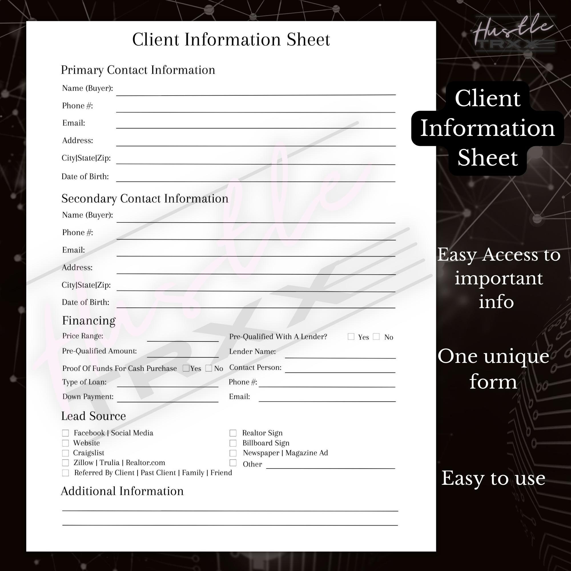 Client Information Sheet Client Forms Real Estate Real Estate Agent ...