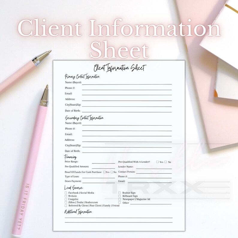 Client Information Sheet Client Forms Real Estate Real - Etsy
