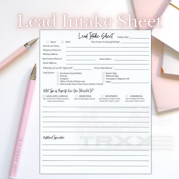 Lead Intake Sheet Lead Tracking Forms Real Estate Real - Etsy