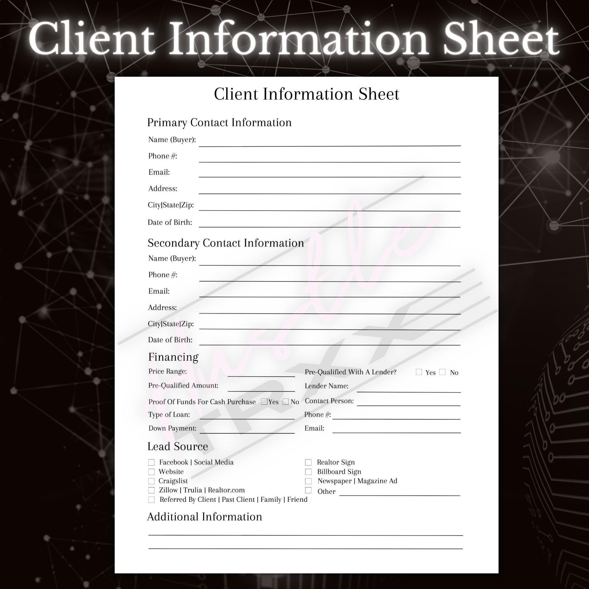 Client Information Sheet Client Forms Real Estate Real Estate Agent ...