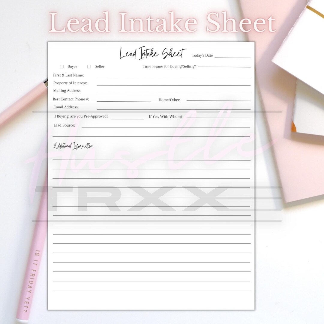 Real Estate Lead Intake Sheet: Printable Realtor Forms (instant ...