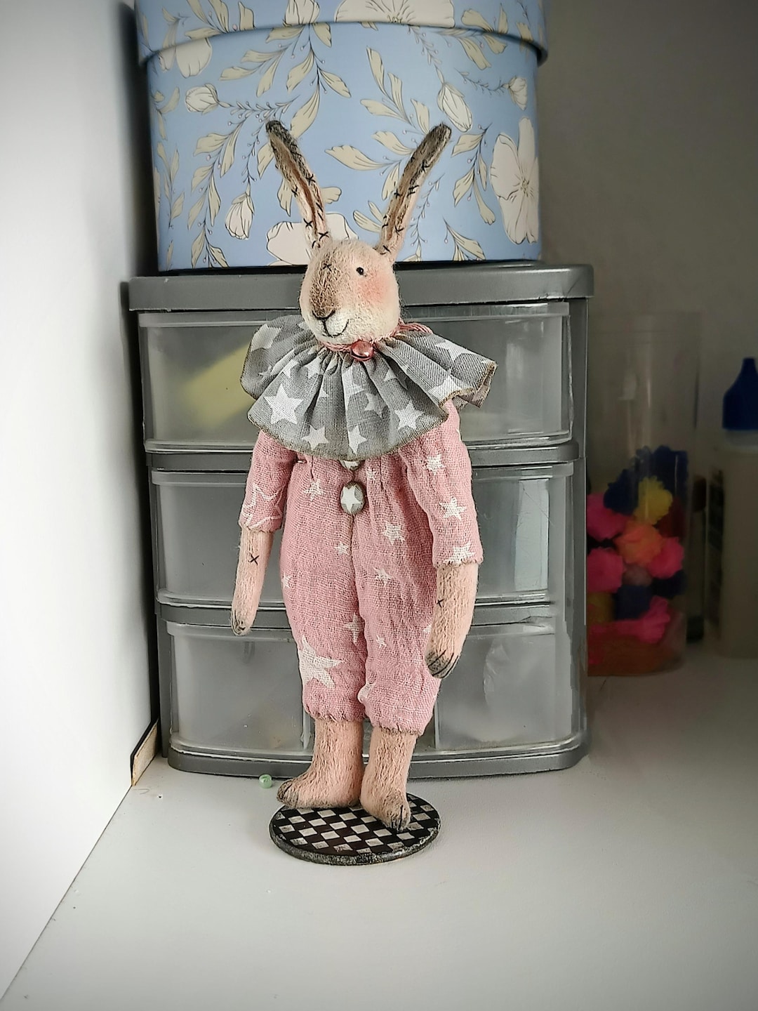 Textile Teddy Rabbit Doll in Vintage Style, Interior Toy on a Stand, a ...