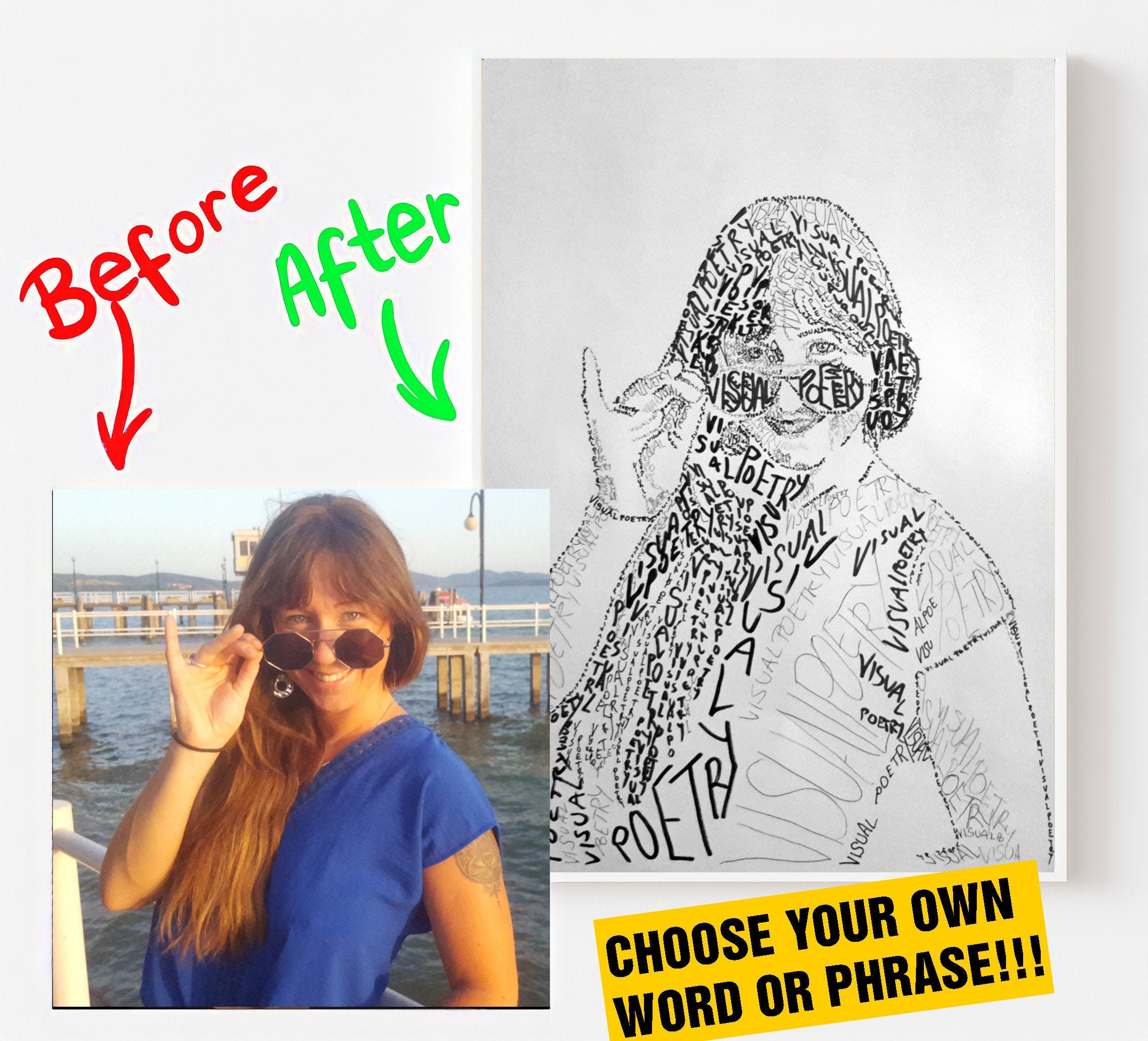 Custom Portrait Handwritten Word Art Calligram Portraits Fine - Etsy