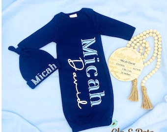 Personalized Navy Baby Gown and Hat. Grey, Aqua and Navy. Baby Coming ...