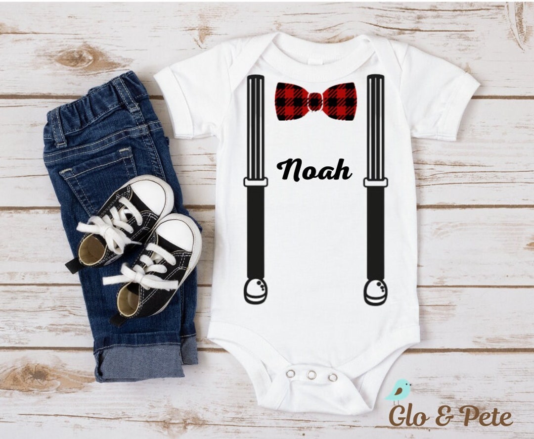 Personalized Name Bow Tie and Suspenders Body Suit, Red Plaid Bow Tie ...