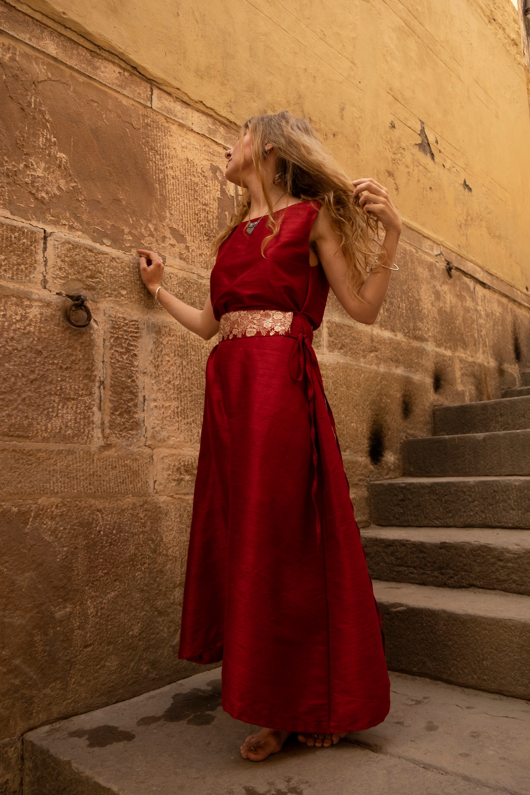 Pure Silk Red Dress Vintage Silk Dupioni Silk Dress Unique Silk Robe ...