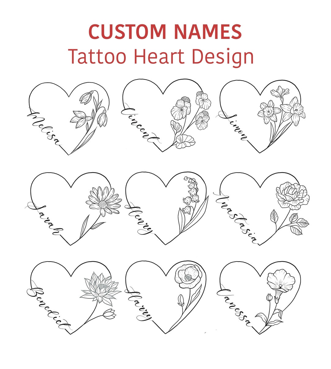 Custom Names Heart Tattoo Design, Matching Sister Tattoo Design, Floral ...