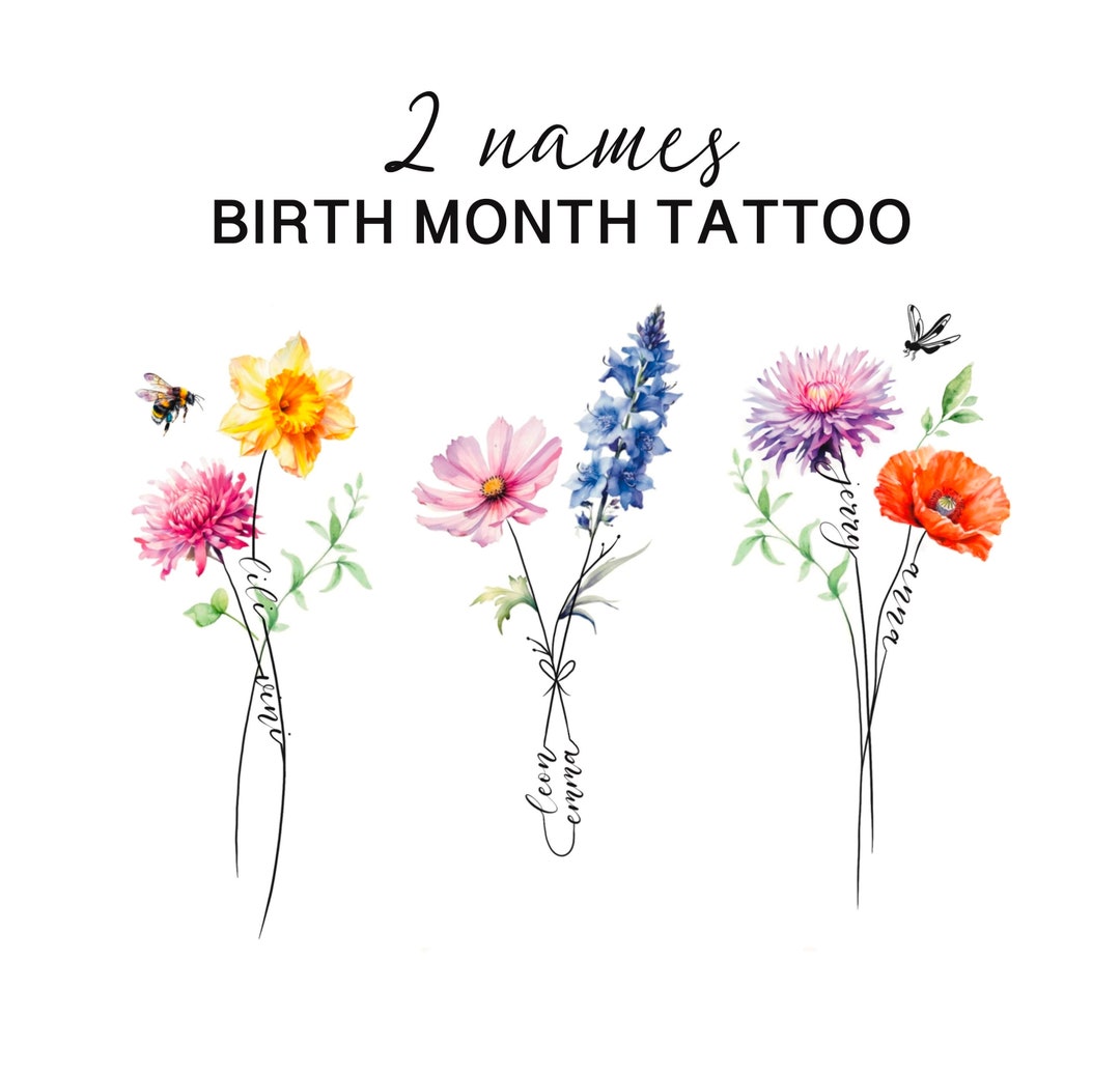Two Names Custom Birth Flower Tattoo Design, Customized Floral Tattoo ...