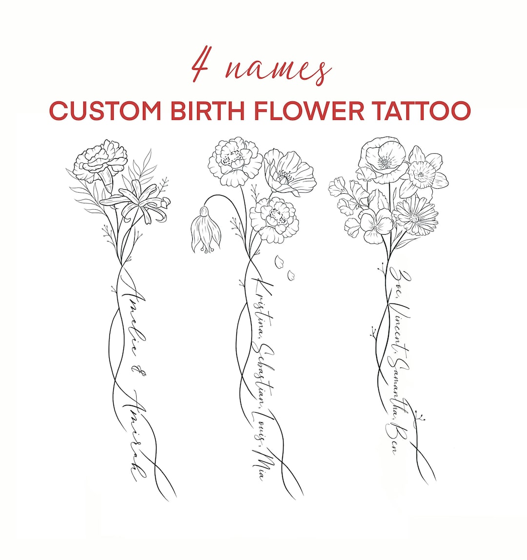 4 Names Birth Month Flowers Tattoo Art , Custom Name Design , Line Art ...