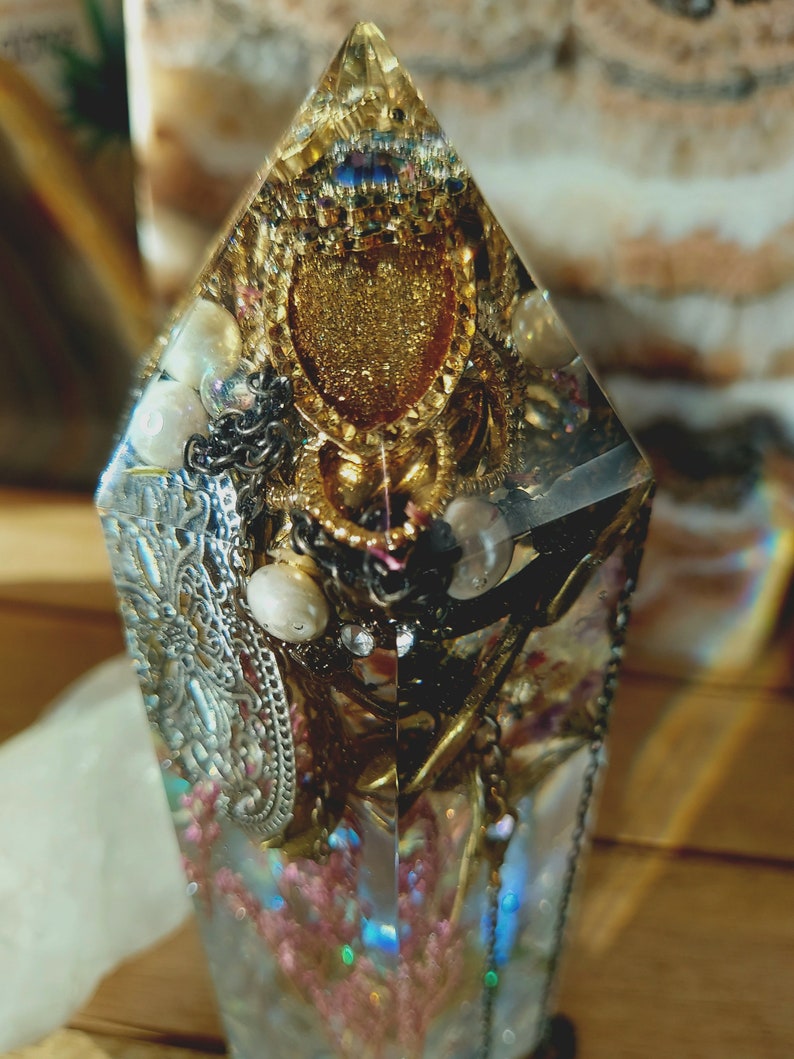 Grandma's Jewelry Upcycled Table Top Decorative Resin Crystal Tower Art ...