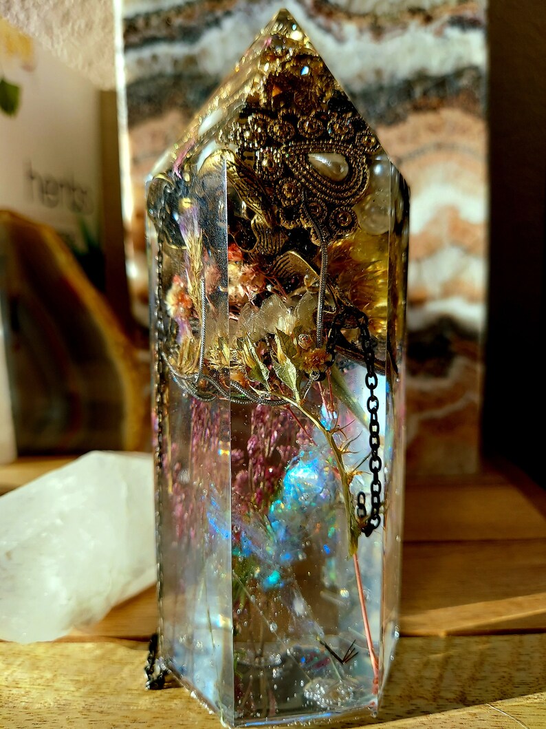 Grandma's Jewelry Upcycled Table Top Decorative Resin Crystal Tower Art ...