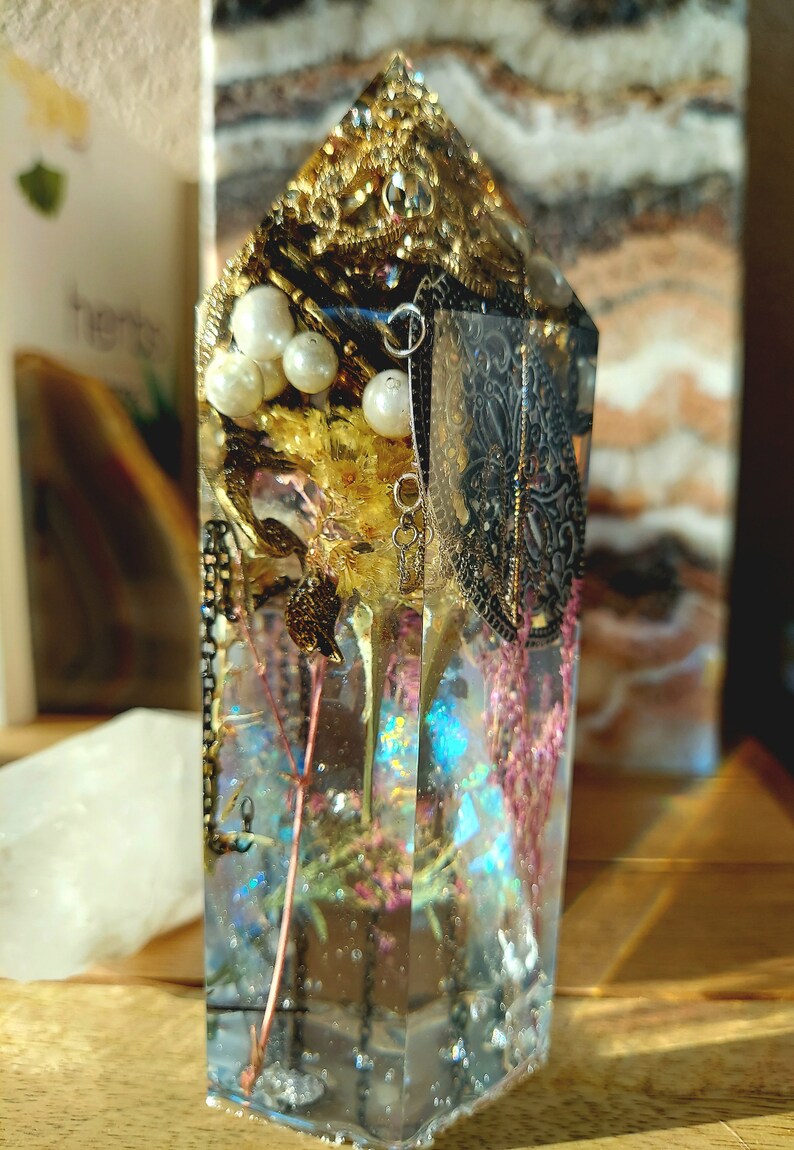 Grandma's Jewelry Upcycled Table Top Decorative Resin Crystal Tower Art ...