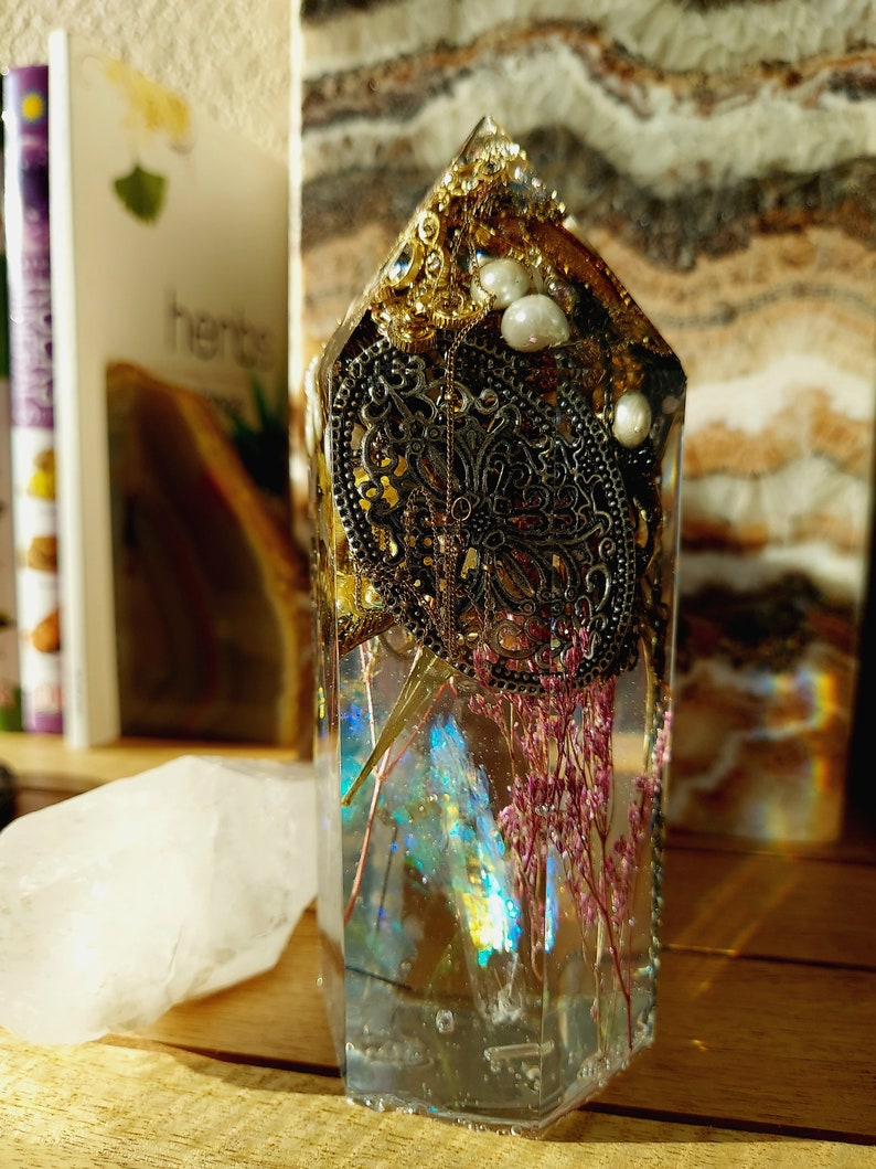 Grandma's Jewelry Upcycled Table Top Decorative Resin Crystal Tower Art ...